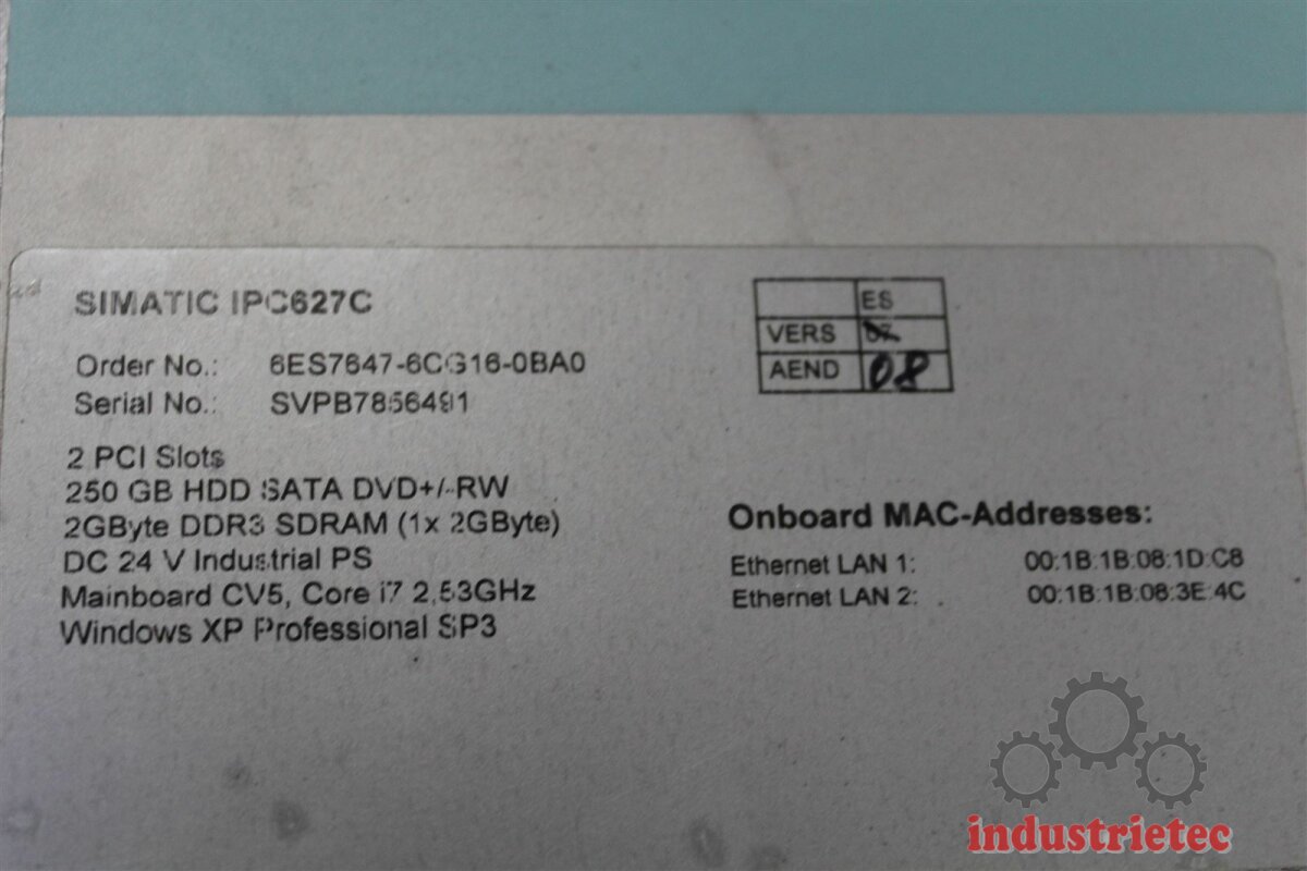 SIEMENS SIMATIC IPC627C 6ES7647-6CG16-0BA0 BOX PC 6ES76476CG160BA0, 1. ...