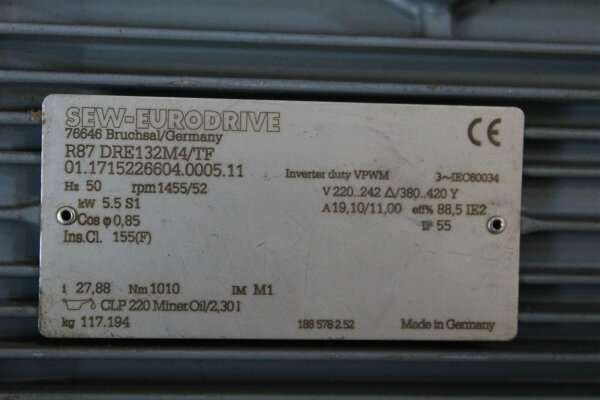 SEW 5,5 kW 52 min Getriebemotor R87 DRE132M4/TF Gearbox sterngetriebe, 2.343,75