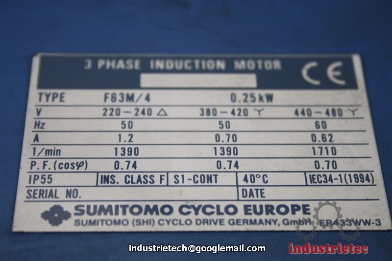 SUMITOMO CYCLO EUROPE 0,25KW F63M/4 3 Phasen Induction Motor Getriebe ...