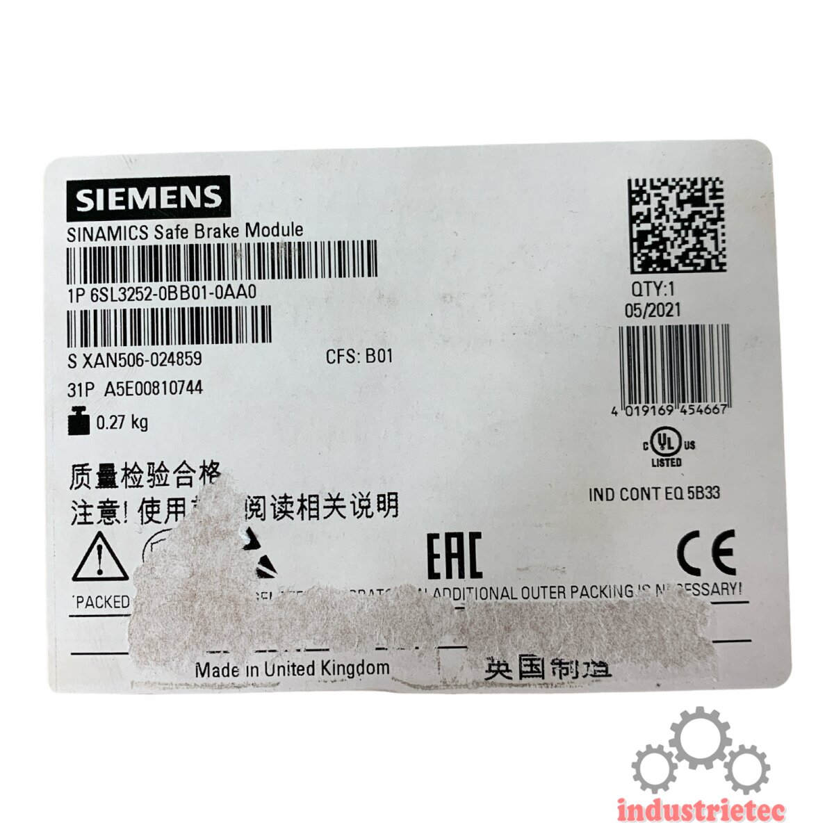 Siemens SINAMICS 6SL3252-0BB01-0AA0 Safe Brake Module, 100,00